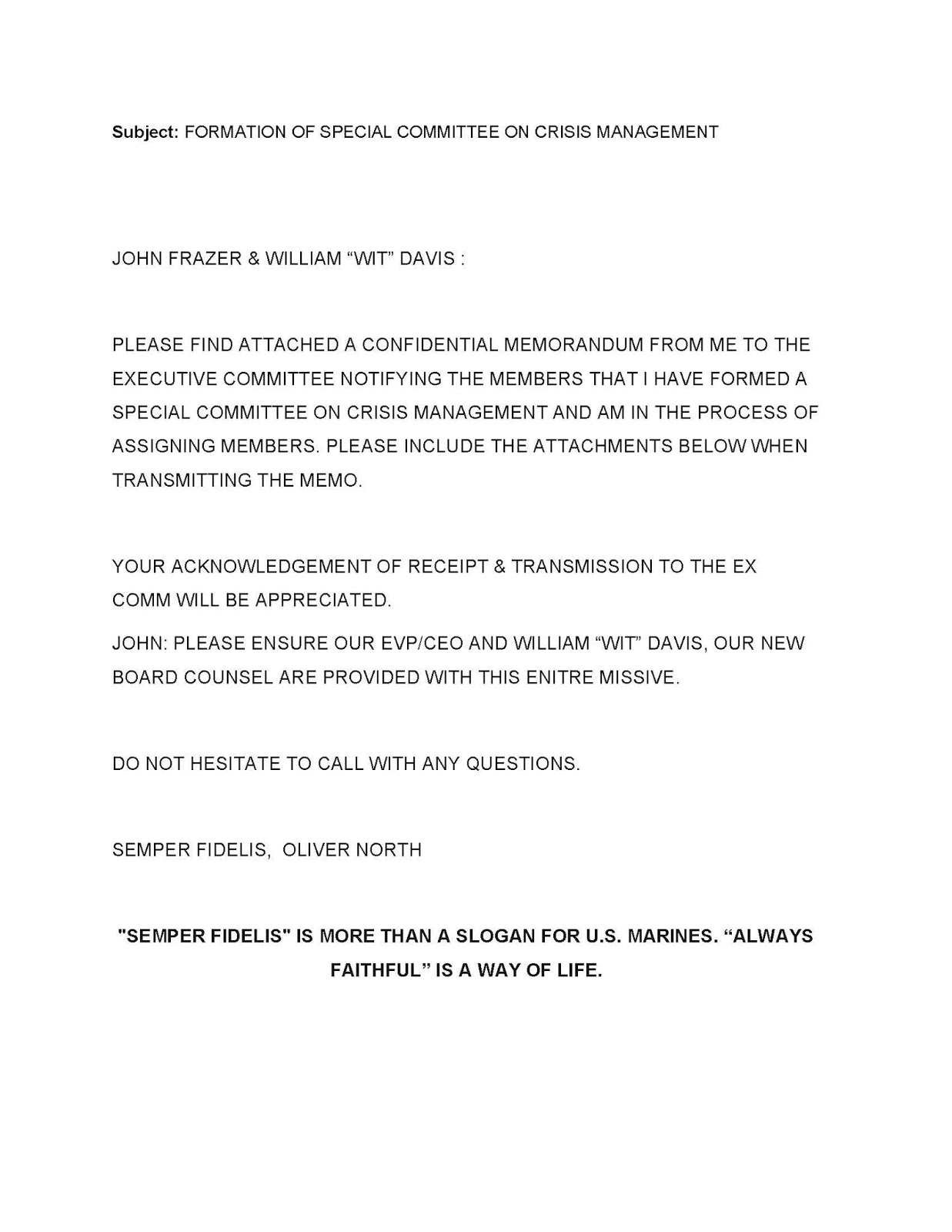 Letter And Memo Announcing NRA Crisis Committee